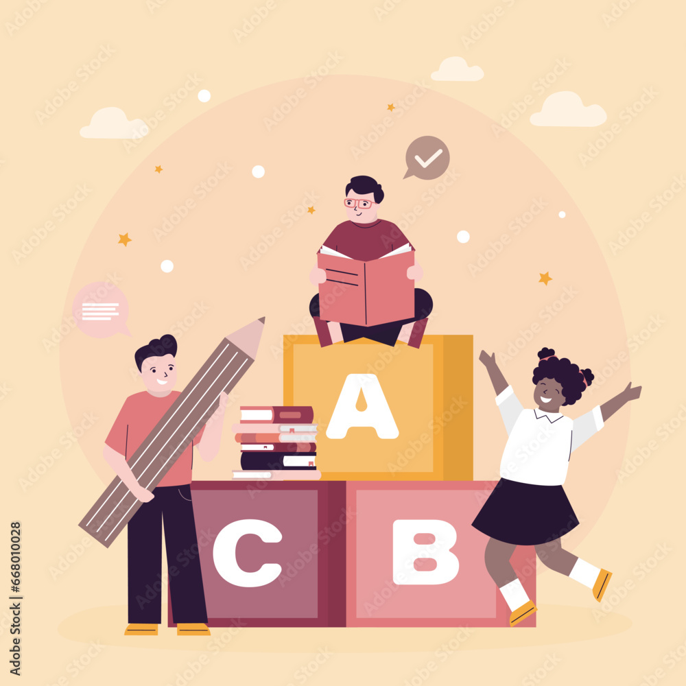 Three students and alphabet blocks. Happy kids studying and learning ...