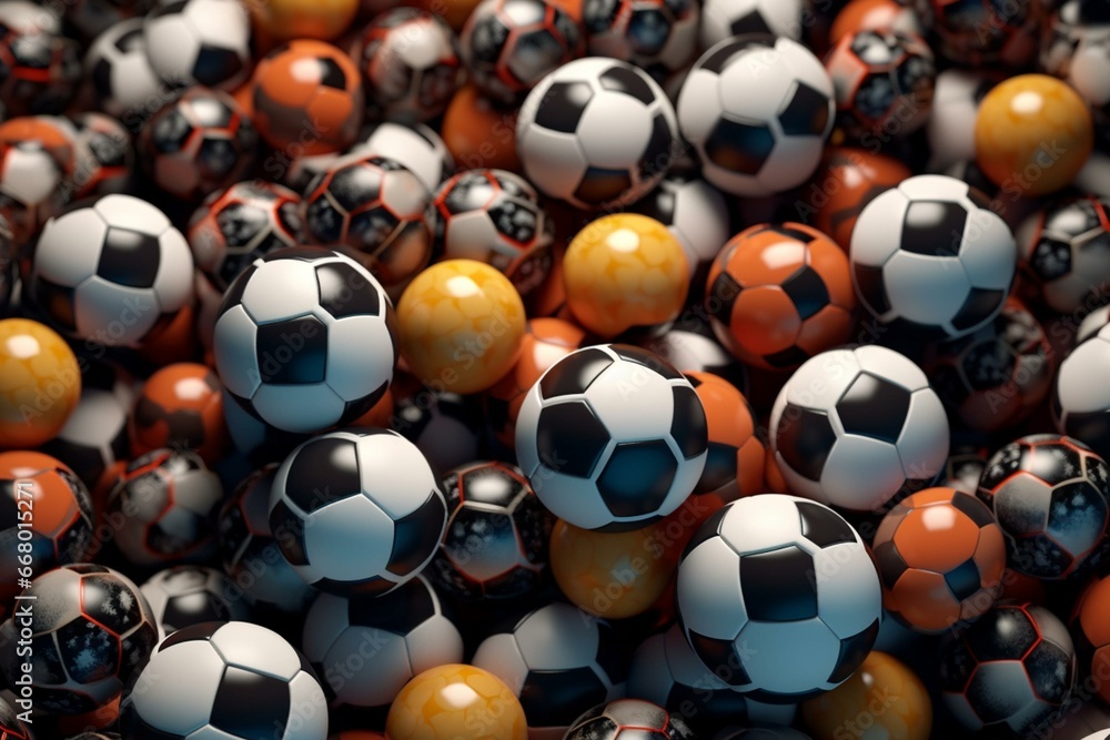 Background with multiple football balls. Realistic rendering in 3D ...