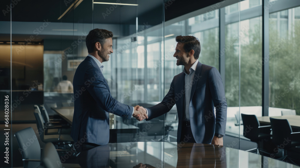 Two colleagues in a glass-walled meeting room exchange smiles and ...