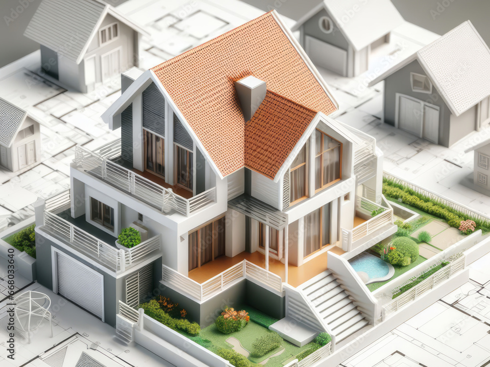 3d small house model on architecture floorplan. house with is on the ...