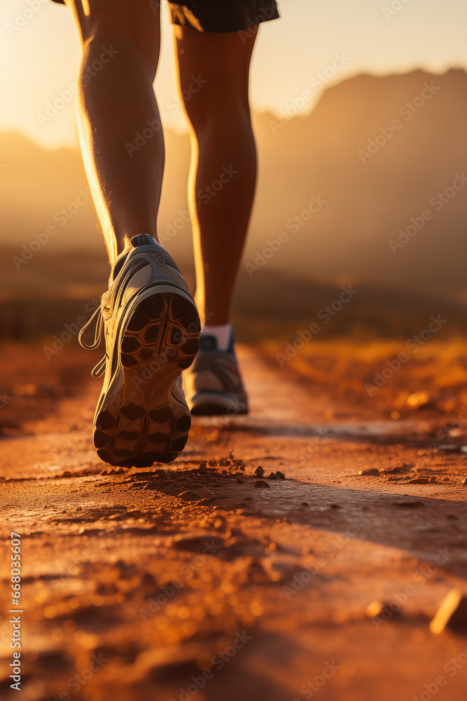Close-up at the trail runner's feet during running on dirt terrain ...