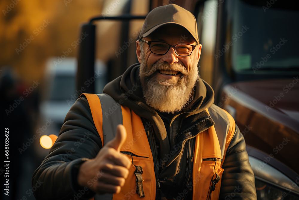 A construction foreman in fully safety PPE is thumbing up at the ...