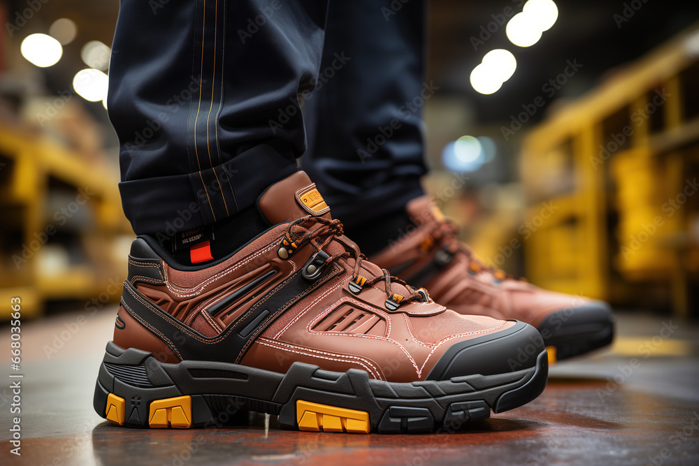 A factory worker which is wearing safety shoe and working uniform is ...