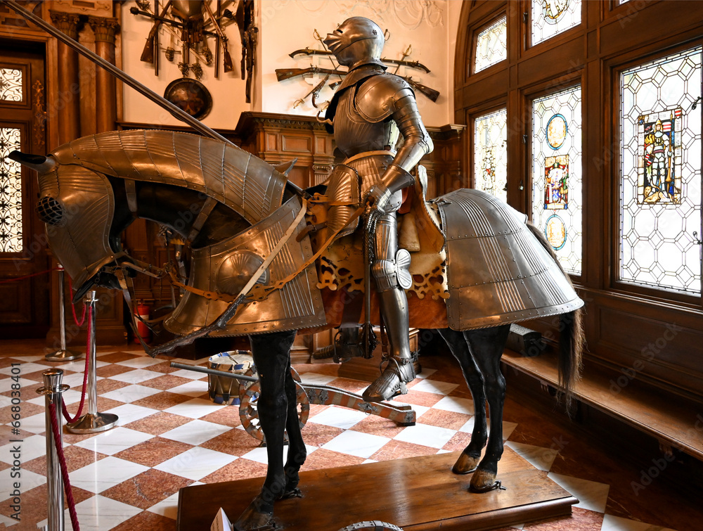 Sinaia, Romania - May 27, 2023: Knight and horse armour in Grand Armory ...