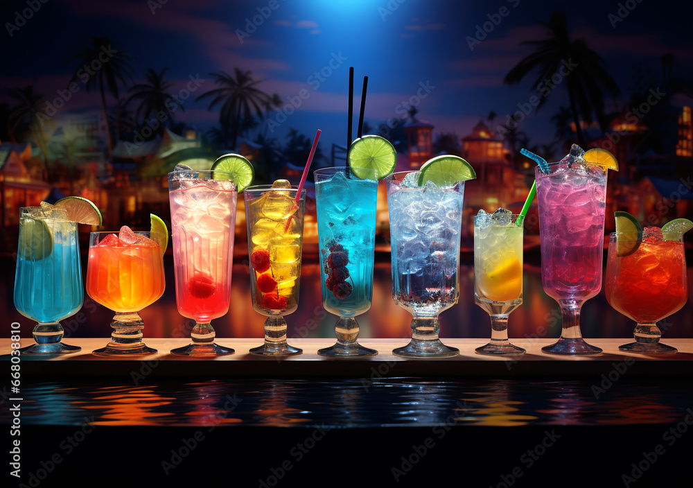 Variety of alcoholic cocktails on bar counter. Colorful drinks on dark ...