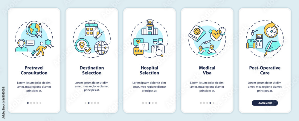 2D icons representing medical tourism mobile app screen set ...
