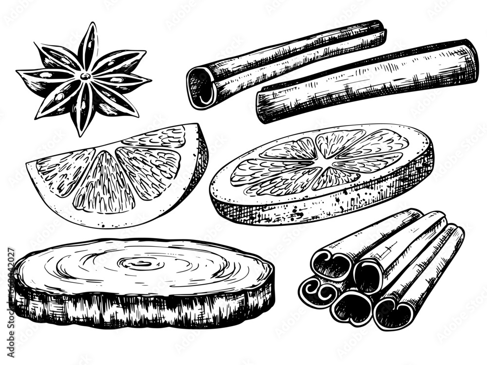 Hand drawn set of winter season food and spices, vector sketch ...