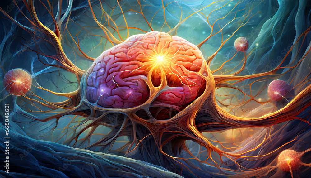 Illustration of human brain with neurons and synapse like structures ...