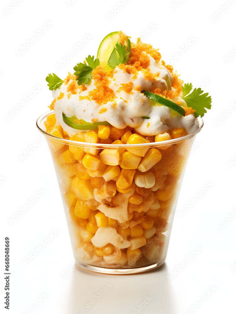 Mexican corn esquites salad in a plastic cup on white background ...