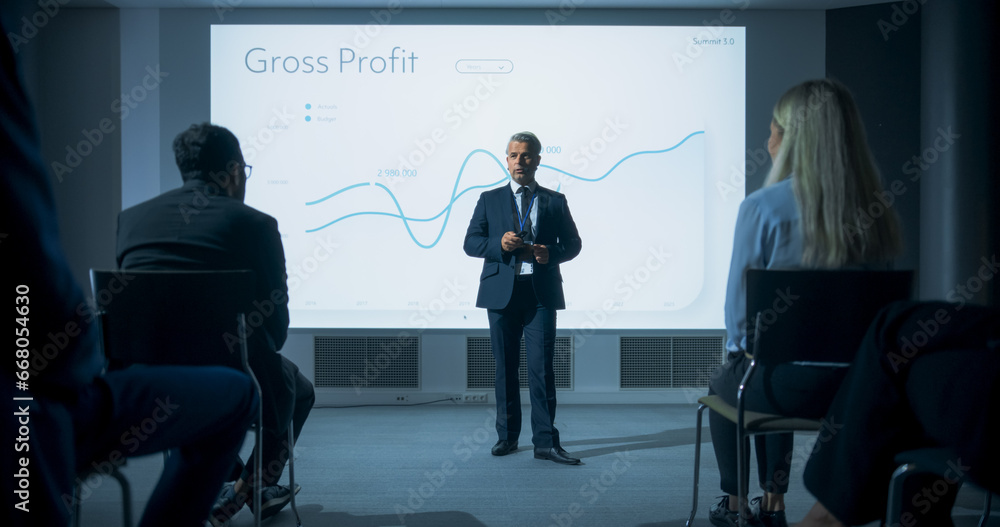 Corporate Event: Caucasian Male Tech CEO Giving Presentation To ...