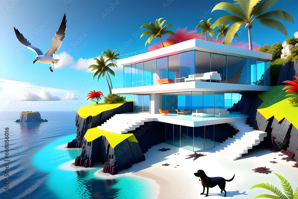 A modern house renovated from a shipwreck on a cliff by the sea with ...