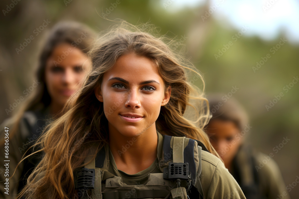 Portrait of a smiling Israeli girl in combat gear. A girl soldier of ...