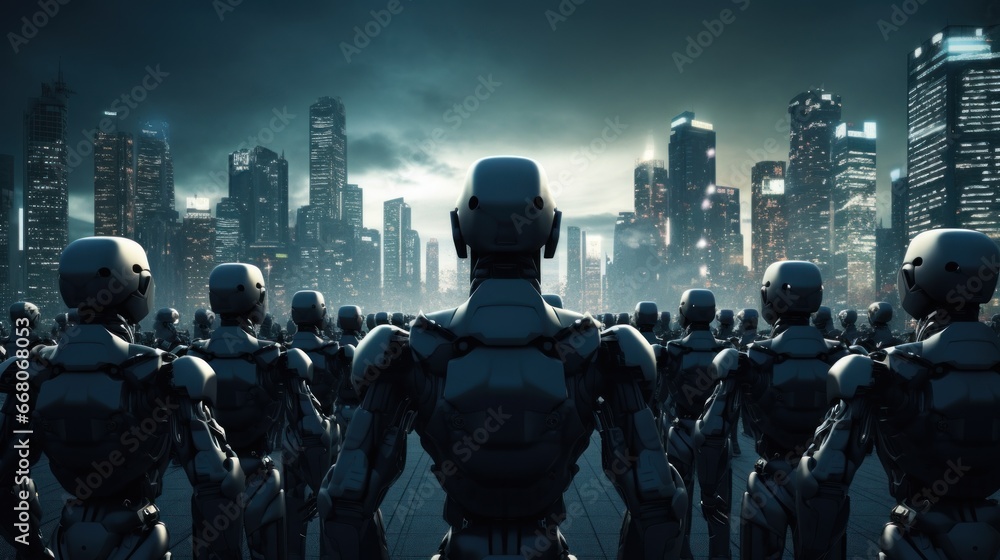 army of robots is approaching a big city. invasion of military robots ...