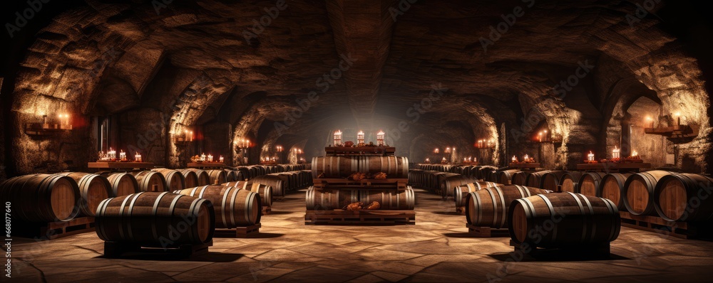 Modern luxury underground interior of old cellar with wine wooden ...