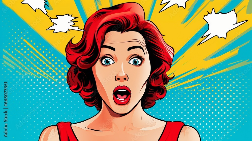 Vivid portrait of surprised woman in retro pop art style captures her ...