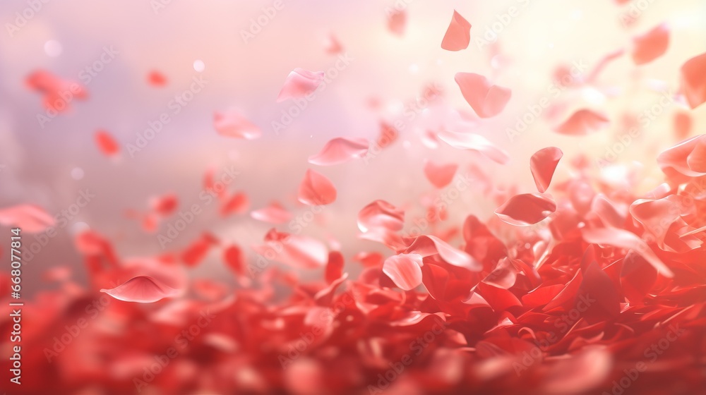Red rose petals gently falling in soft sunlight, fragile feminine ...