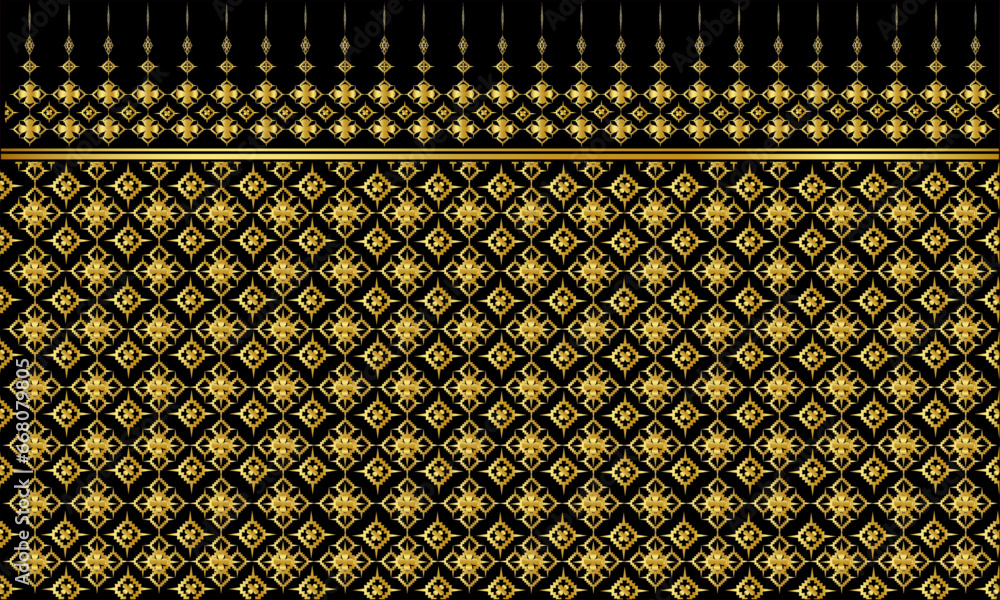Abstract black background with Thai pattern and luxurious golden floral ...