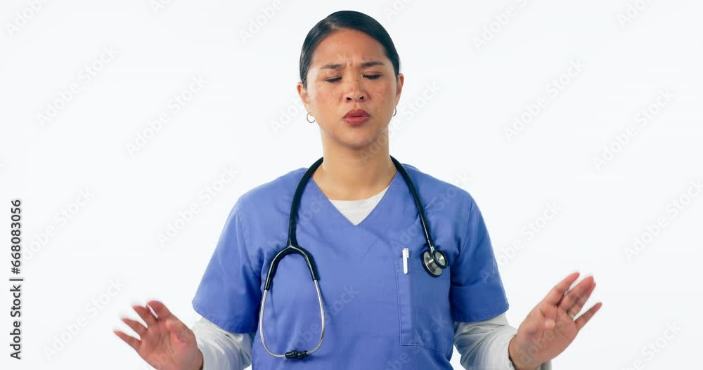 Nurse, face and no with hands of woman in studio, warning rules and ...