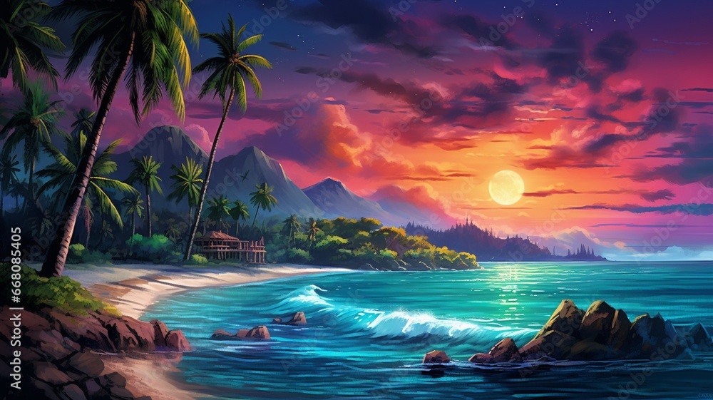 Beautiful colorful island night beach painting wallpaper image Ai ...