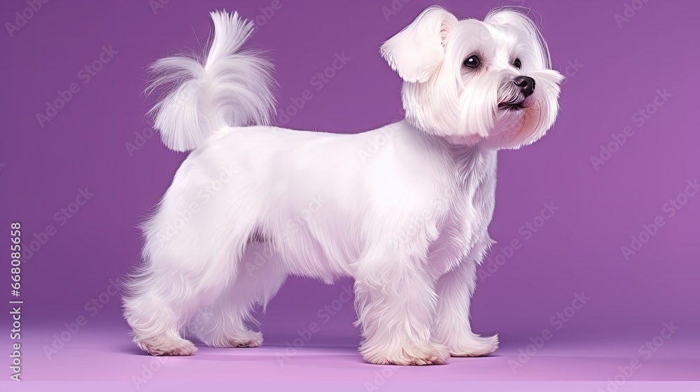 Short haired white Maltese dog with lilac background viewed from the ...