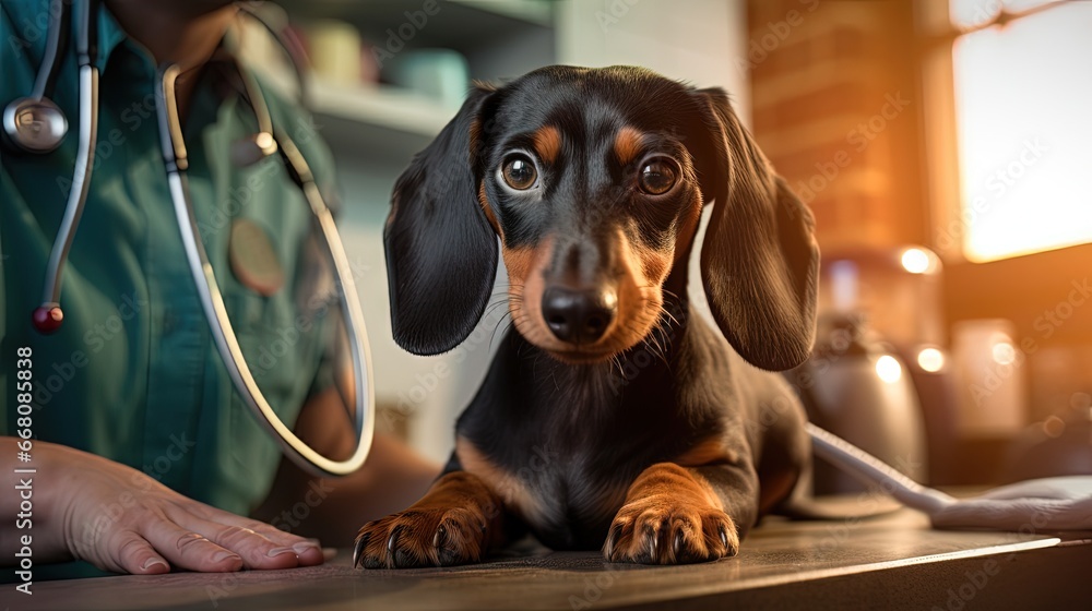 Veterinarian examining a brown dachshund on a table with owner s ...
