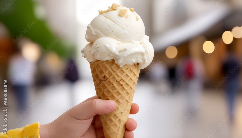 Helado en cucurucho de vainilla sujetado por mano de niño para ...