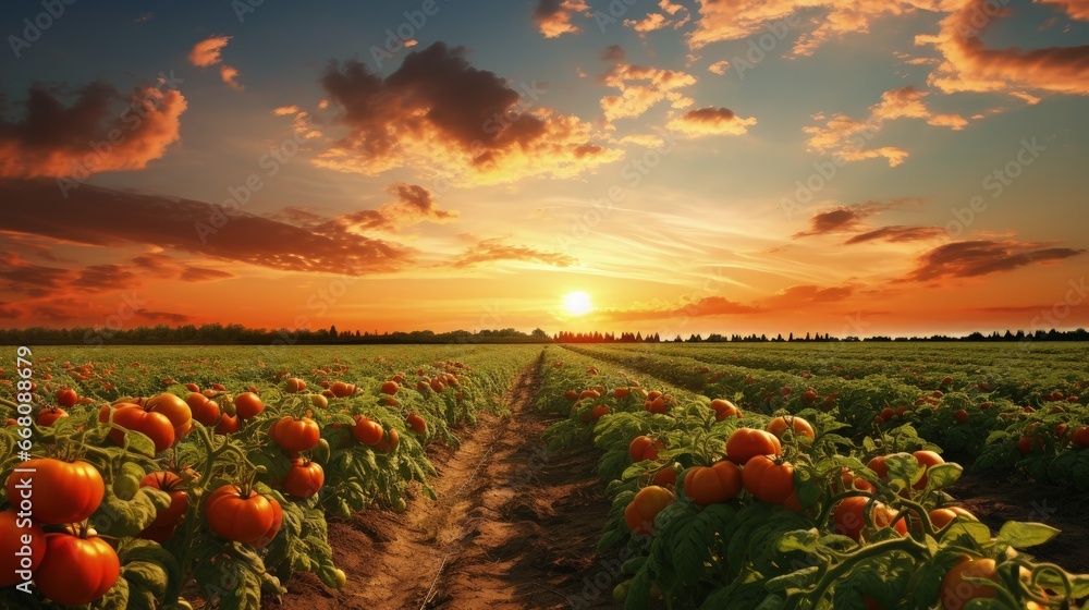 Scenic sunset with clouds over tomato filled green fields in South ...