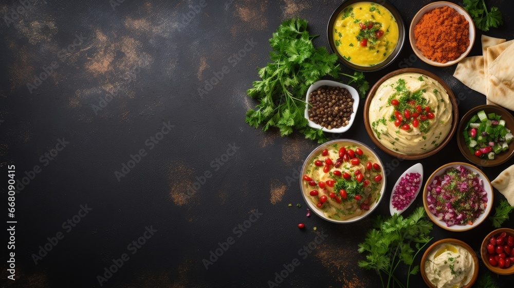 Rustic background with Middle Eastern meze dishes including Fattoush ...