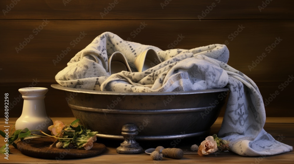 Symbols of foot washing during holy week basin towel and jug Stock ...