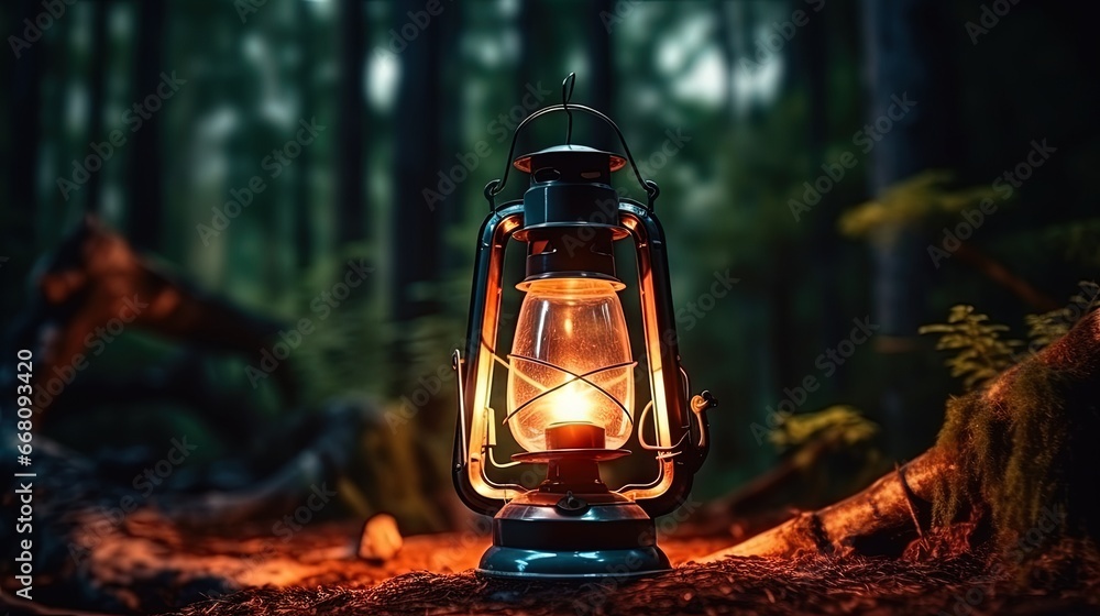 Vintage oil lantern emitting soft light in a dark woodland Light amidst ...
