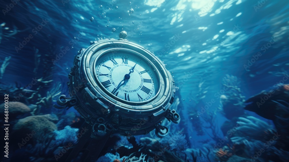 Dystopian clock submerged underwater, scenic scene with an aquatic ...