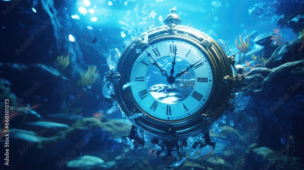Dystopian clock submerged underwater, scenic scene with an aquatic ...