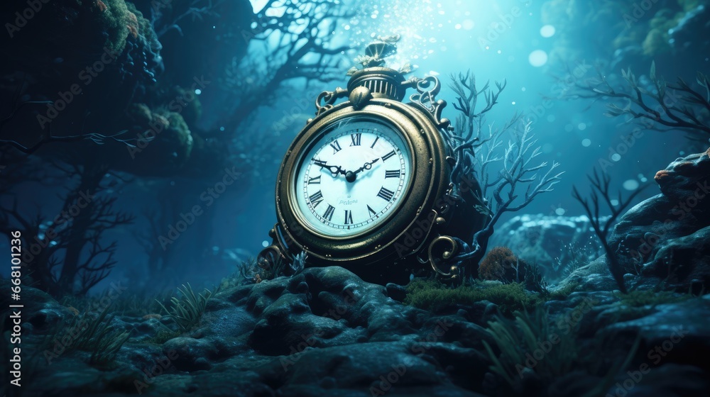 Dystopian clock submerged underwater, scenic scene with an aquatic ...