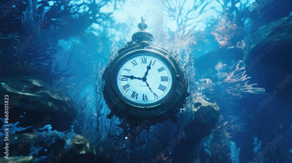 Dystopian clock submerged underwater, scenic scene with an aquatic ...