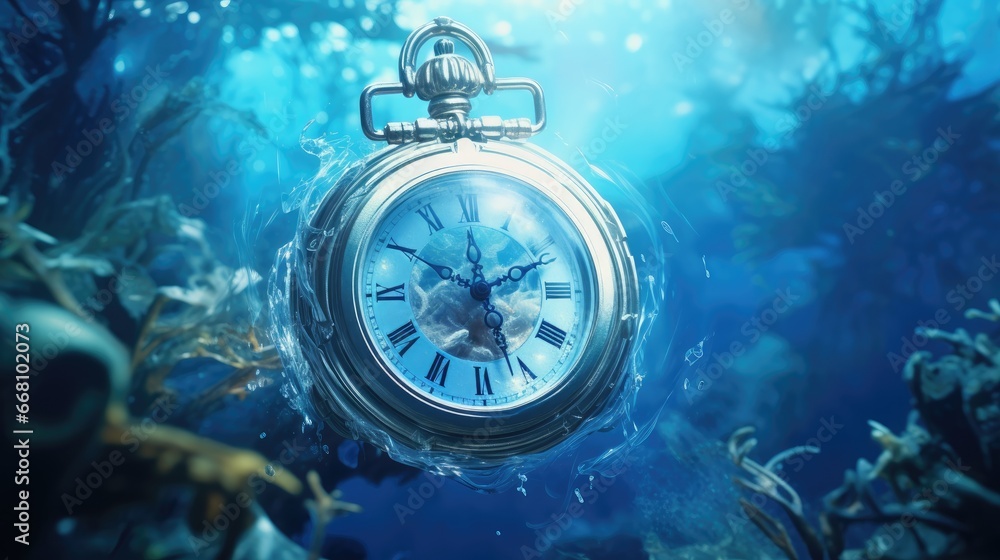 Dystopian clock submerged underwater, scenic scene with an aquatic ...