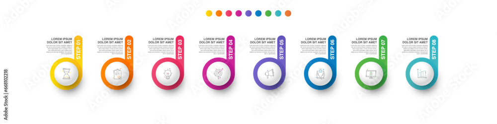 Vector timeline infographics template with eight circles and options ...