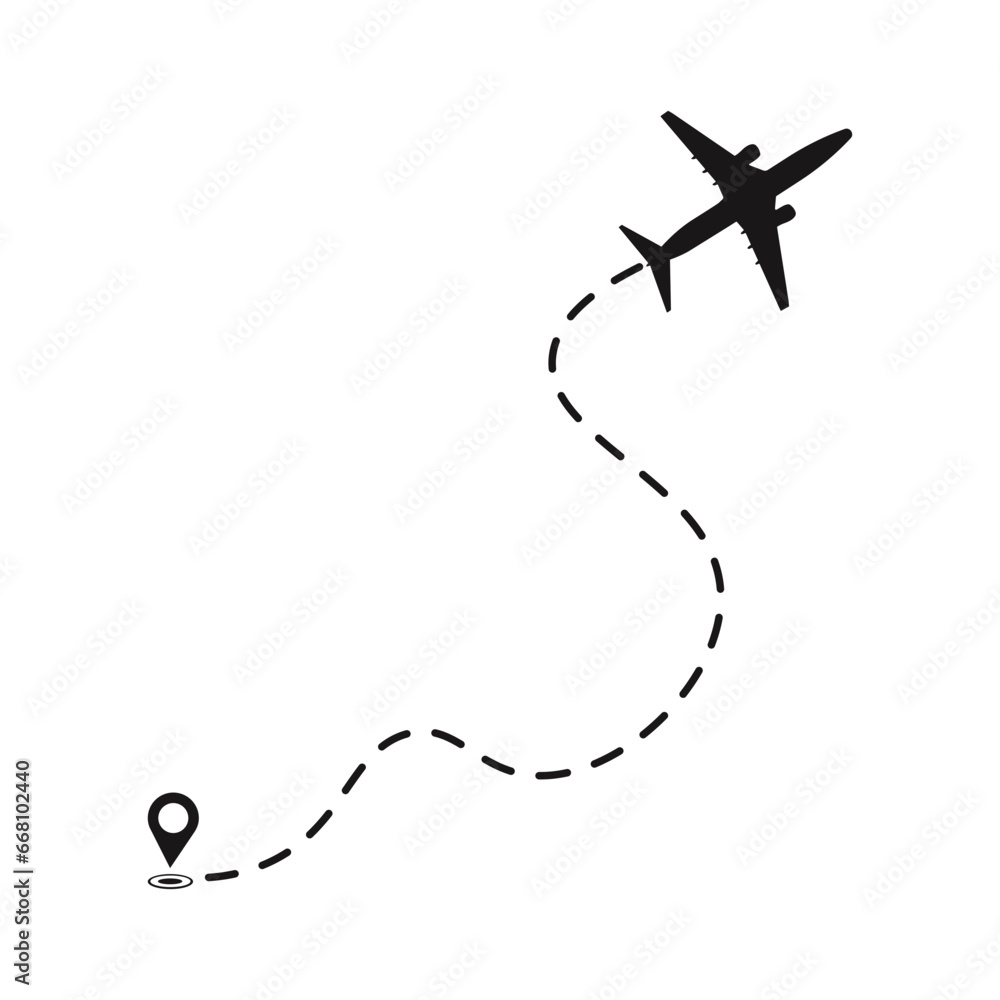 Airplane path vector icon of air flight route with starting point and ...