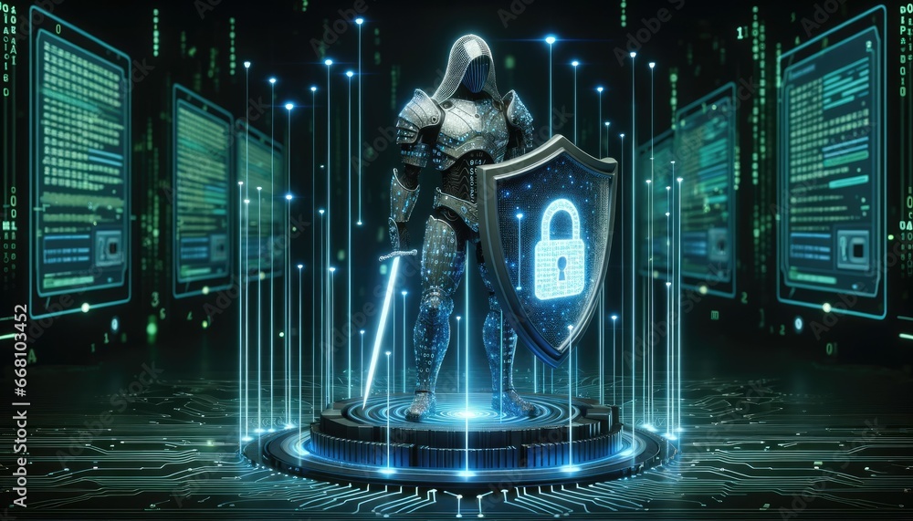 A digital knight clad in circuitry armor stands vigilant with a shield ...