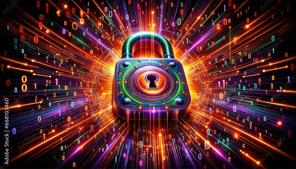 Obraz Centered in a whirlwind of radiant binary code, a multicolored padlock pulses, epitomizing ...
