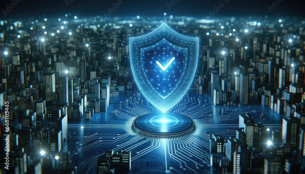 A holographic shield with a checkmark stands prominently amid a digital ...