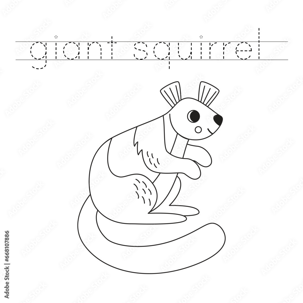 Trace the letters and color cartoon giant squirrel. Handwriting ...