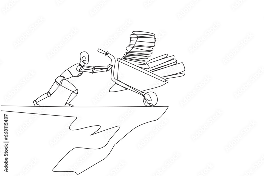 Single continuous line drawing robot pushes a wheelbarrow filled with ...