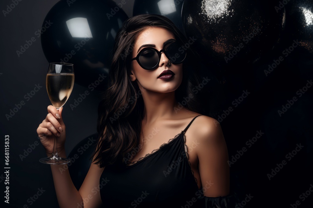 Fancy girl wearing black top and sunglasses with champagne glass ...