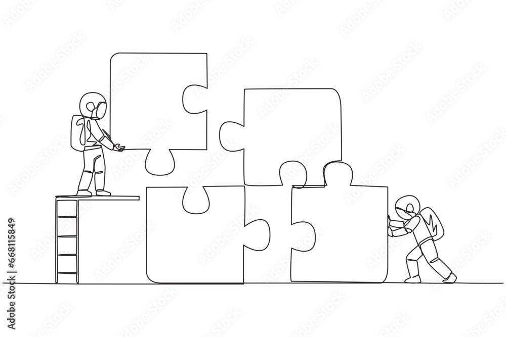 Continuous one line drawing two astronauts teamwork to put together a square puzzle, one of them ...