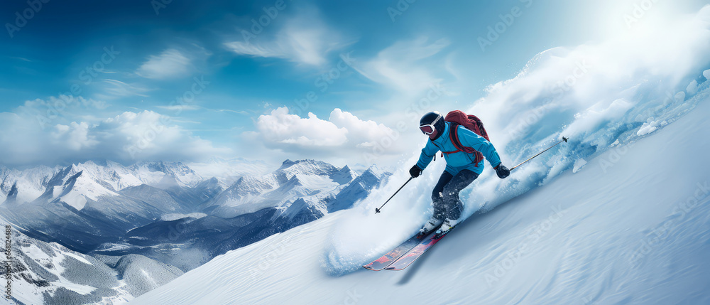 Professional Skier skiing and jump. Freeride on snowy mountain. Action ...