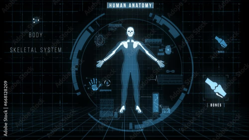 Futuristic Interface of Human Anatomy Systems. Represents male body ...