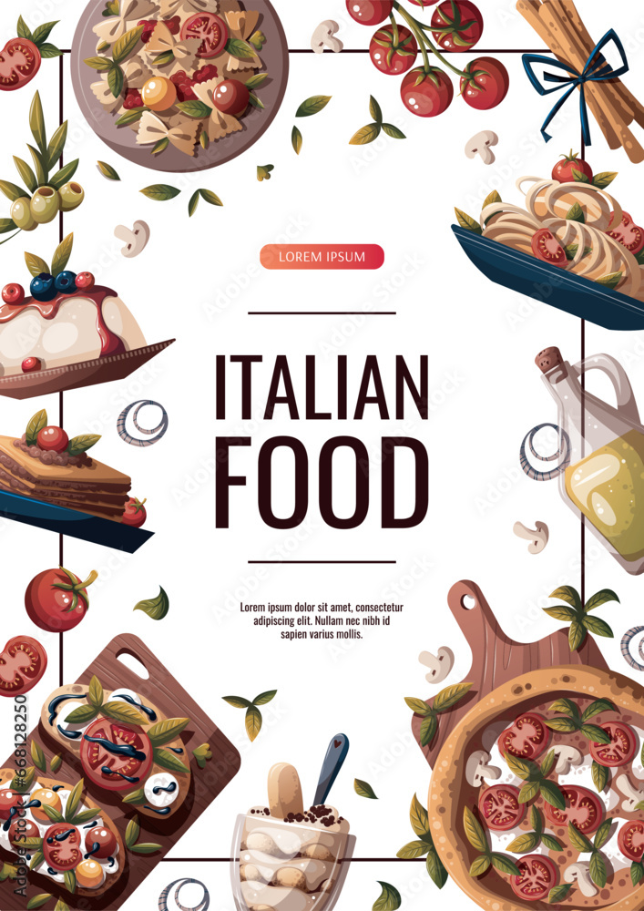 Flyer design with Italian pizza, pasta, bruschetta, lasagna, olive oil ...
