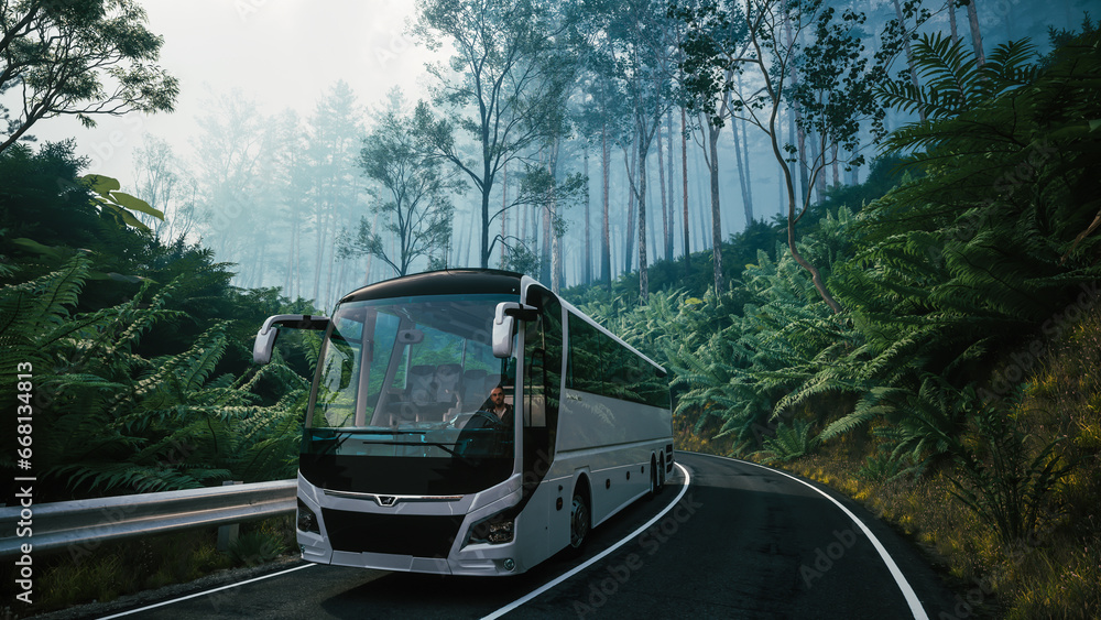Passenger bus in the forest. Tourist bus in the green forest. Beautiful ...
