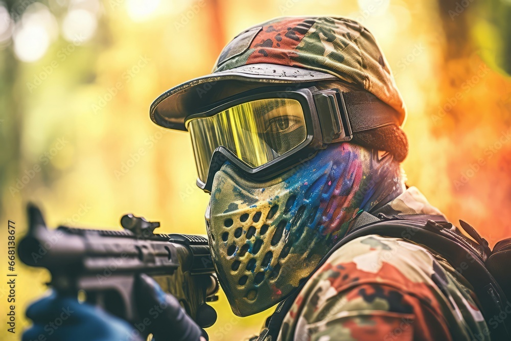 Person playing paintball gun. Game play outdoor nature shooting ...