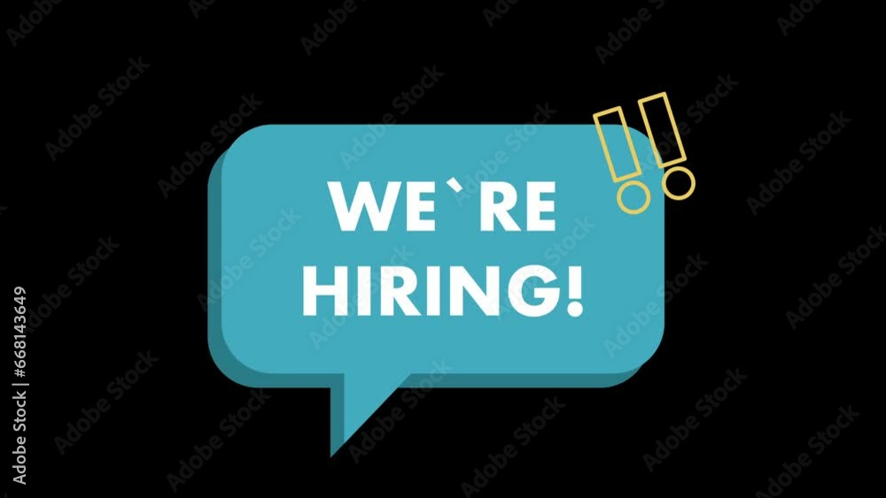 We are hiring sign in blue speech bubble. Text in teal speech bubble ...